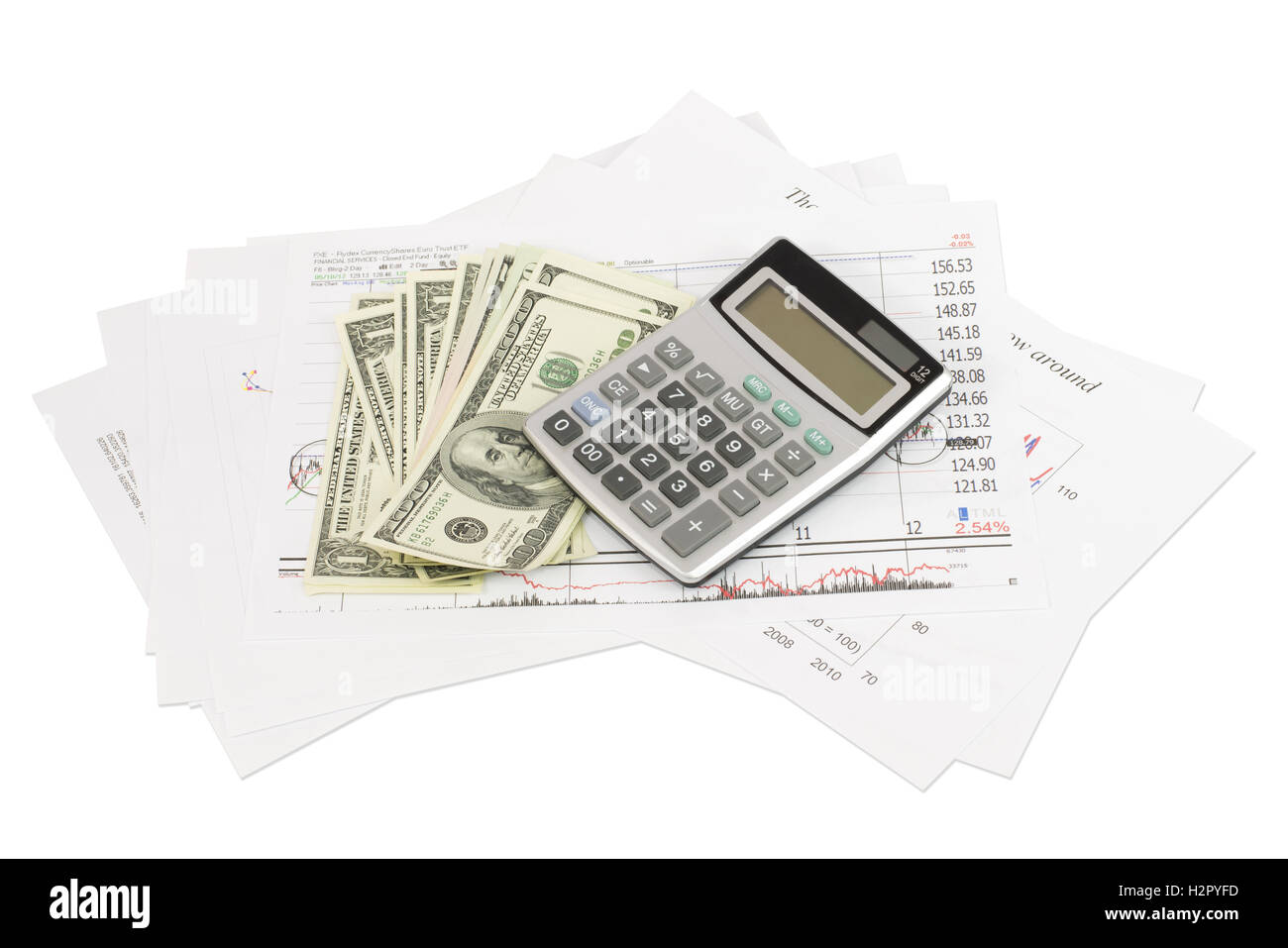 Dollars, calculator and paper charts Stock Photo - Alamy