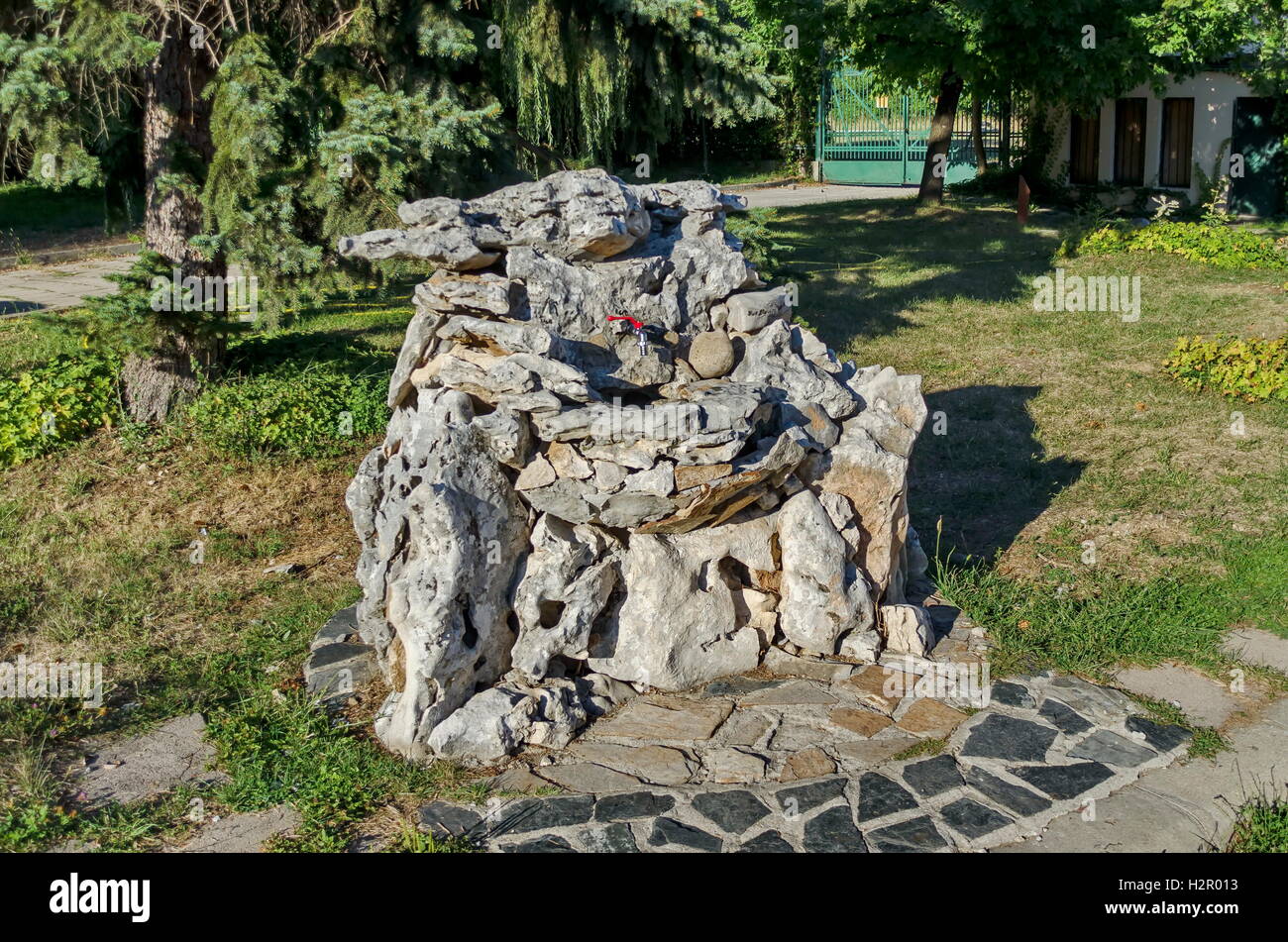 View of yard with rock spring water fountain, Sofia, Bulgaria Stock ...