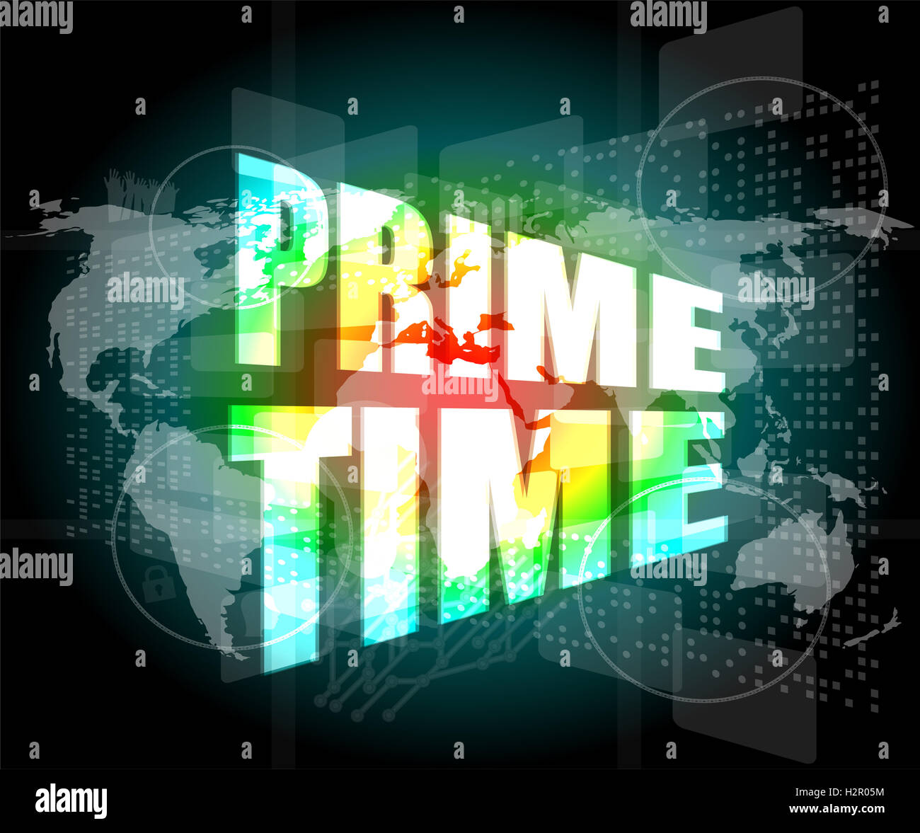 prime time words on digital screen background with world map Stock ...