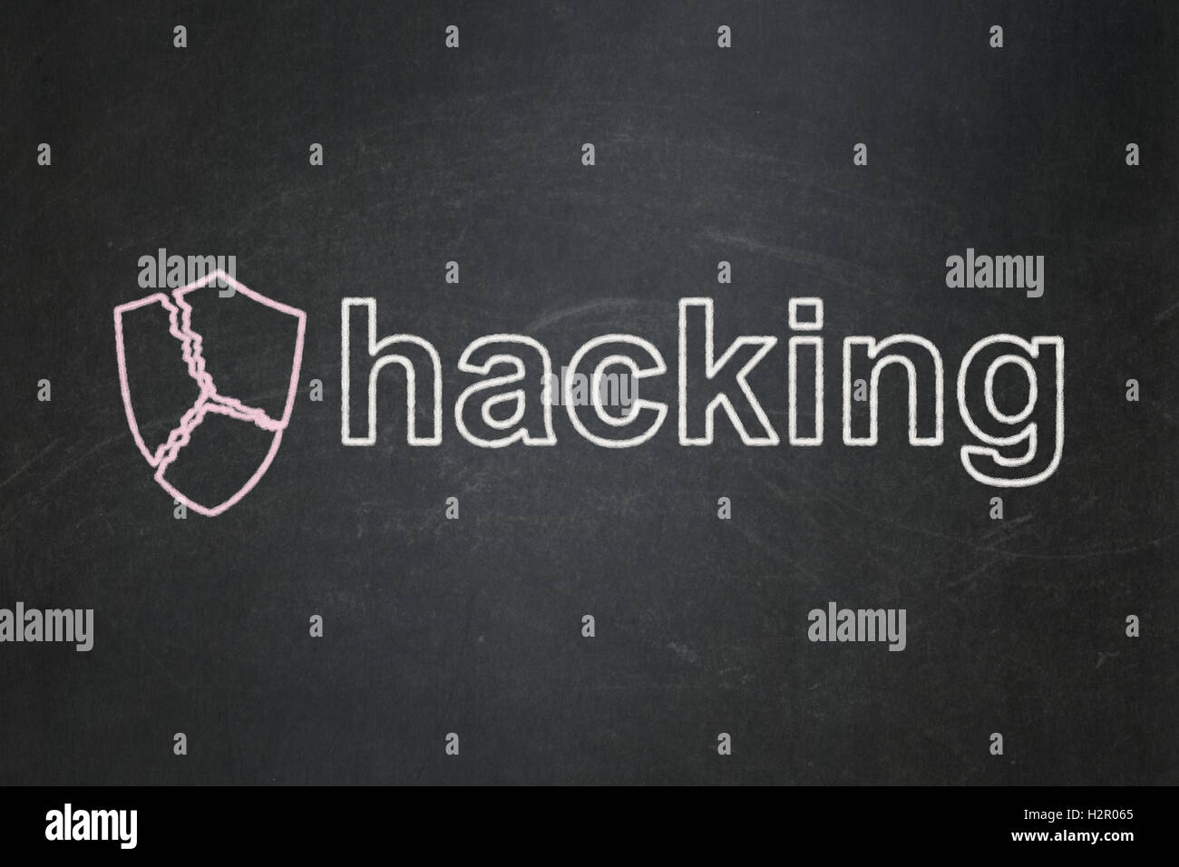 Protection concept: Broken Shield and Hacking on chalkboard background ...