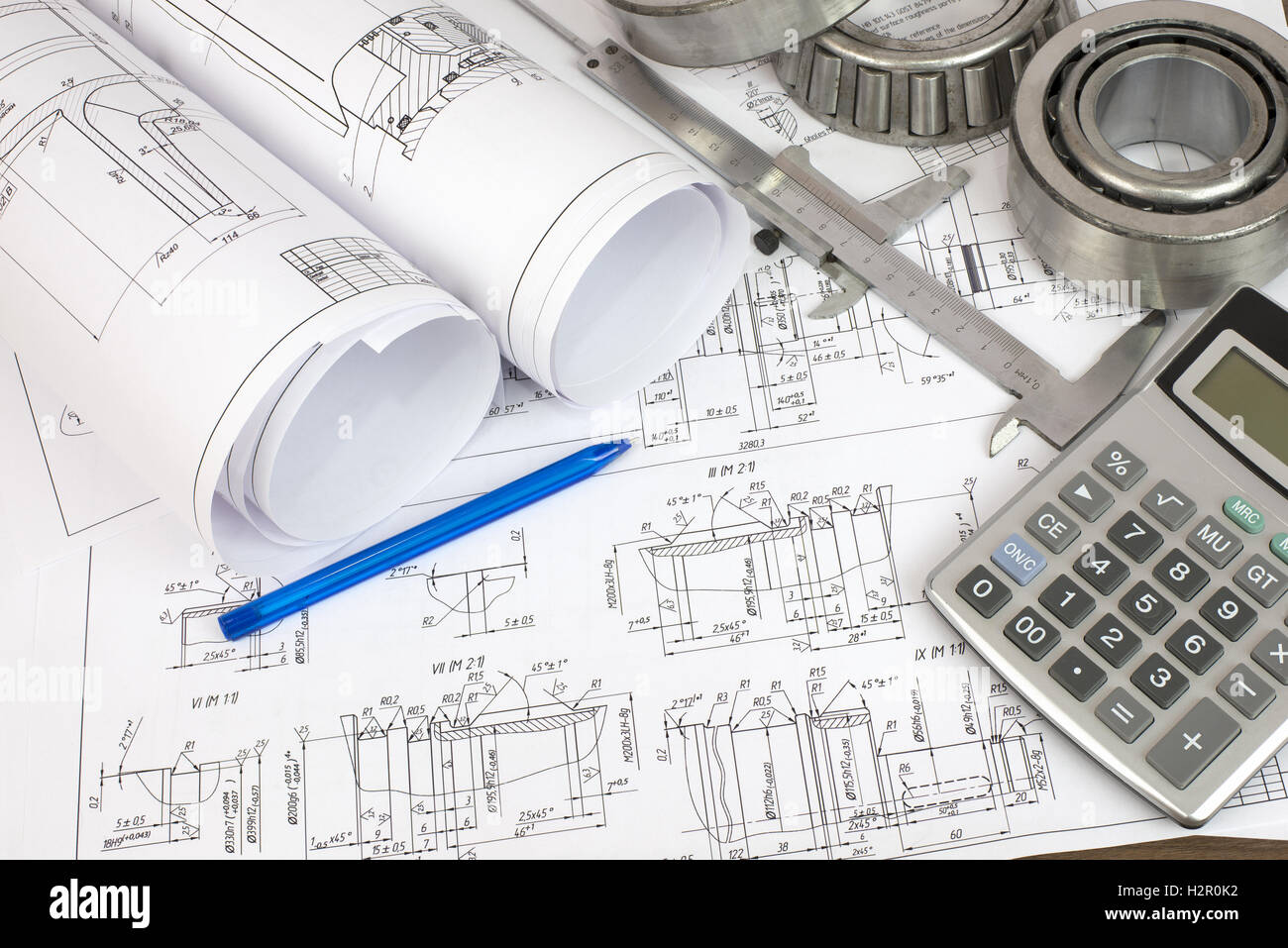 Construction drawings. Desk Engineer Stock Photo - Alamy