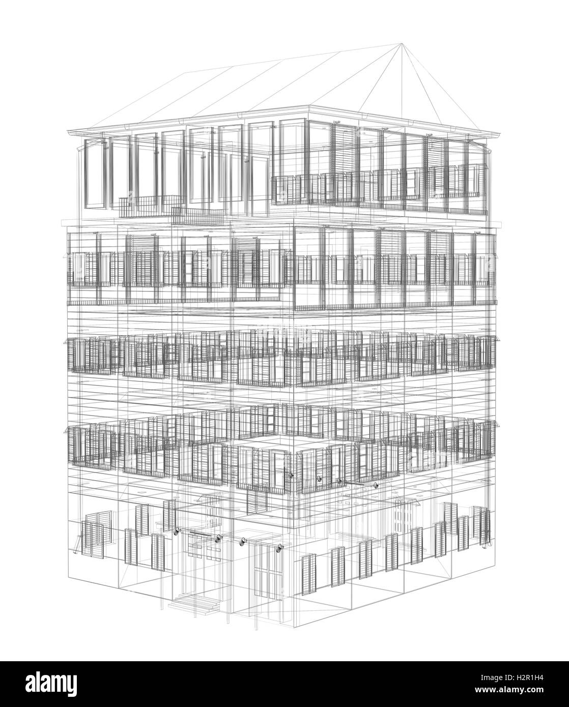 Highly detailed building. Wire-frame render Stock Photo - Alamy