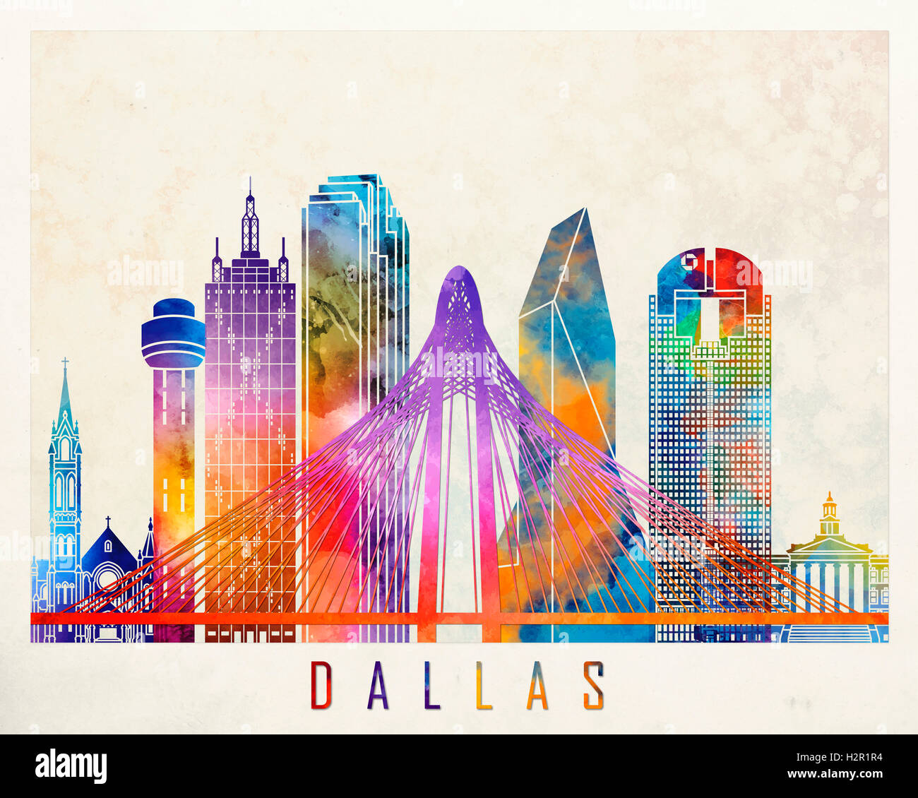 Dallas landmarks watercolor poster Stock Photo - Alamy