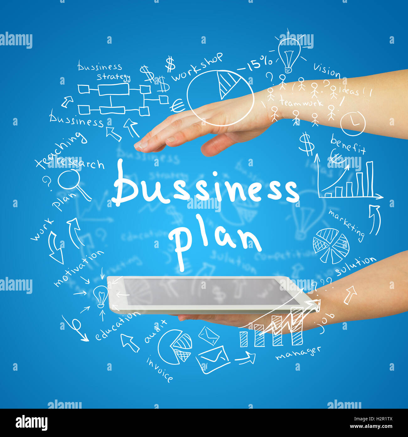 Hands, tablet and sketches business plan Stock Photo - Alamy