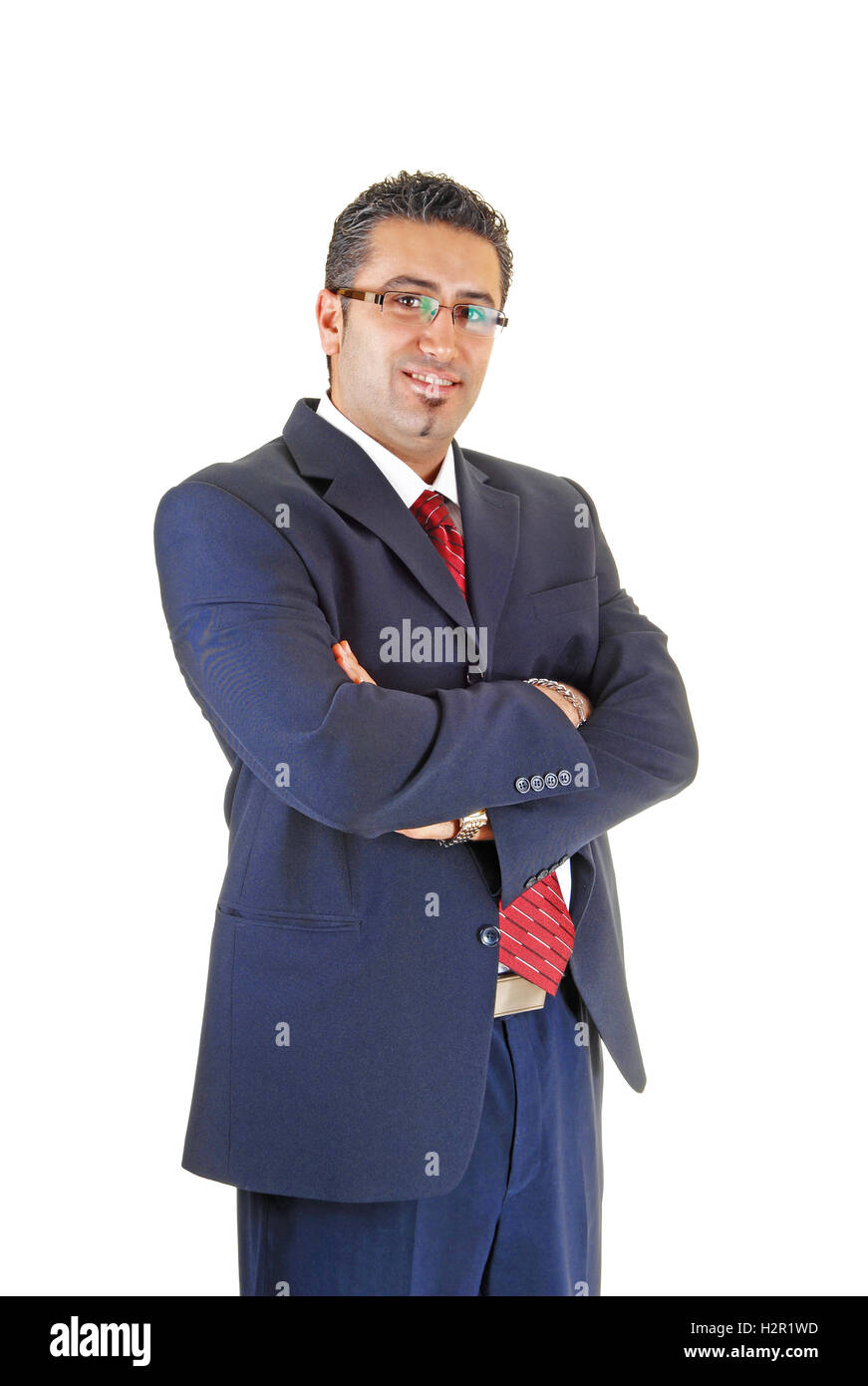 A tall handsome businessman standing for white background in a blue ...