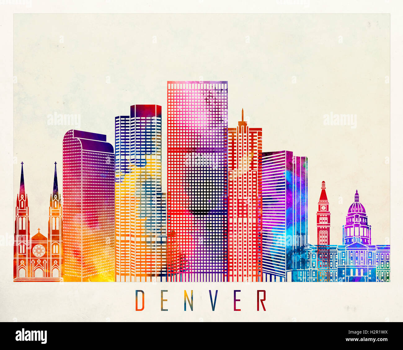 Denver landmarks watercolor poster Stock Photo - Alamy