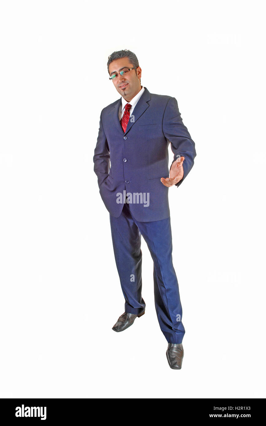 A tall handsome businessman standing for white background in a blue ...