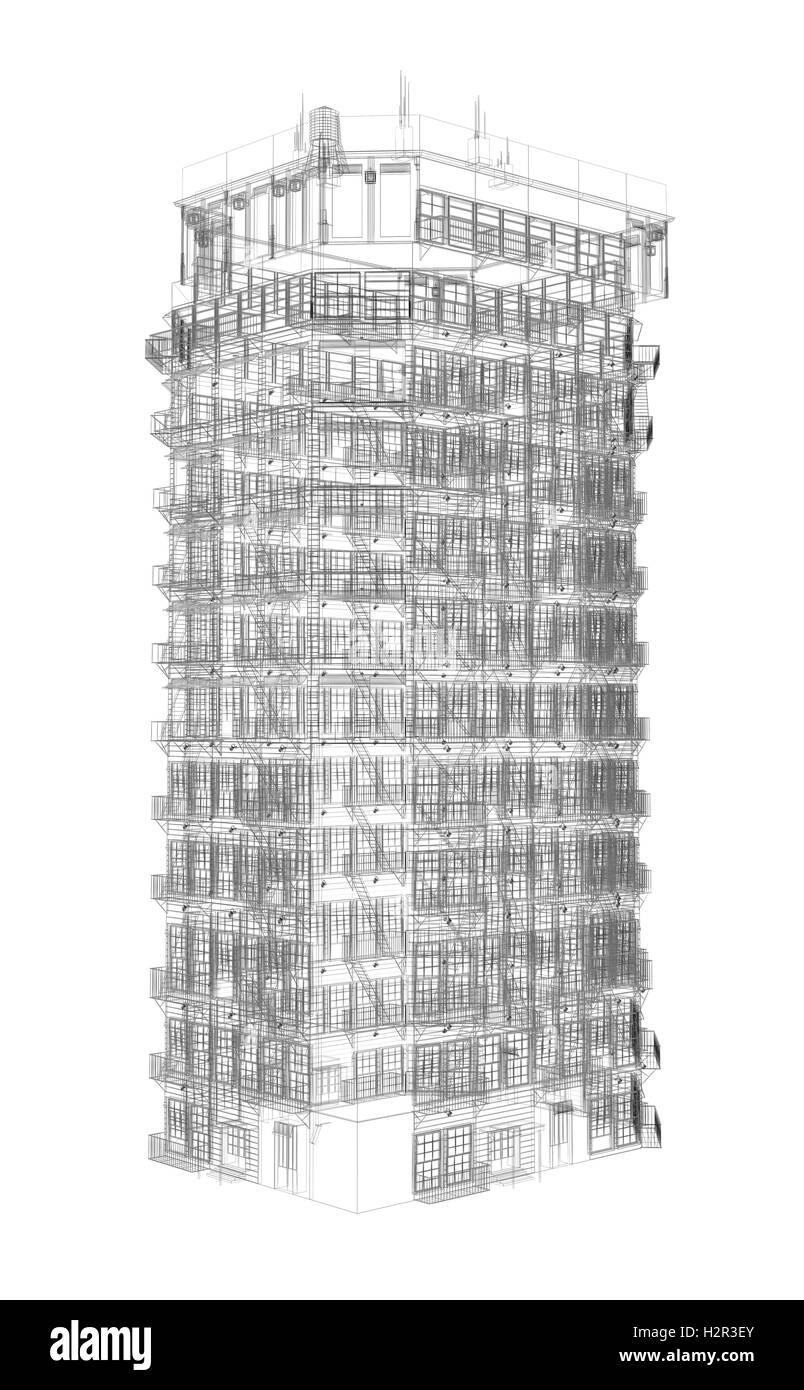 Highly detailed building. Wire-frame render Stock Photo - Alamy