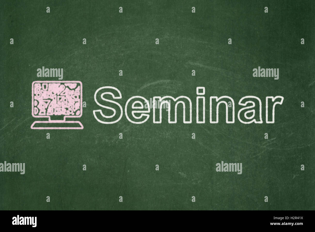 Education concept: Computer Pc and Seminar on chalkboard background ...