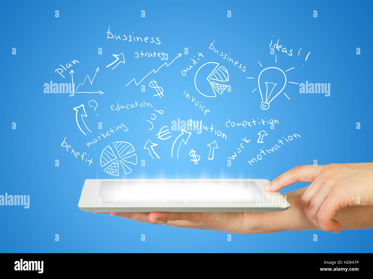 Hands, tablet and sketches business plan Stock Photo - Alamy