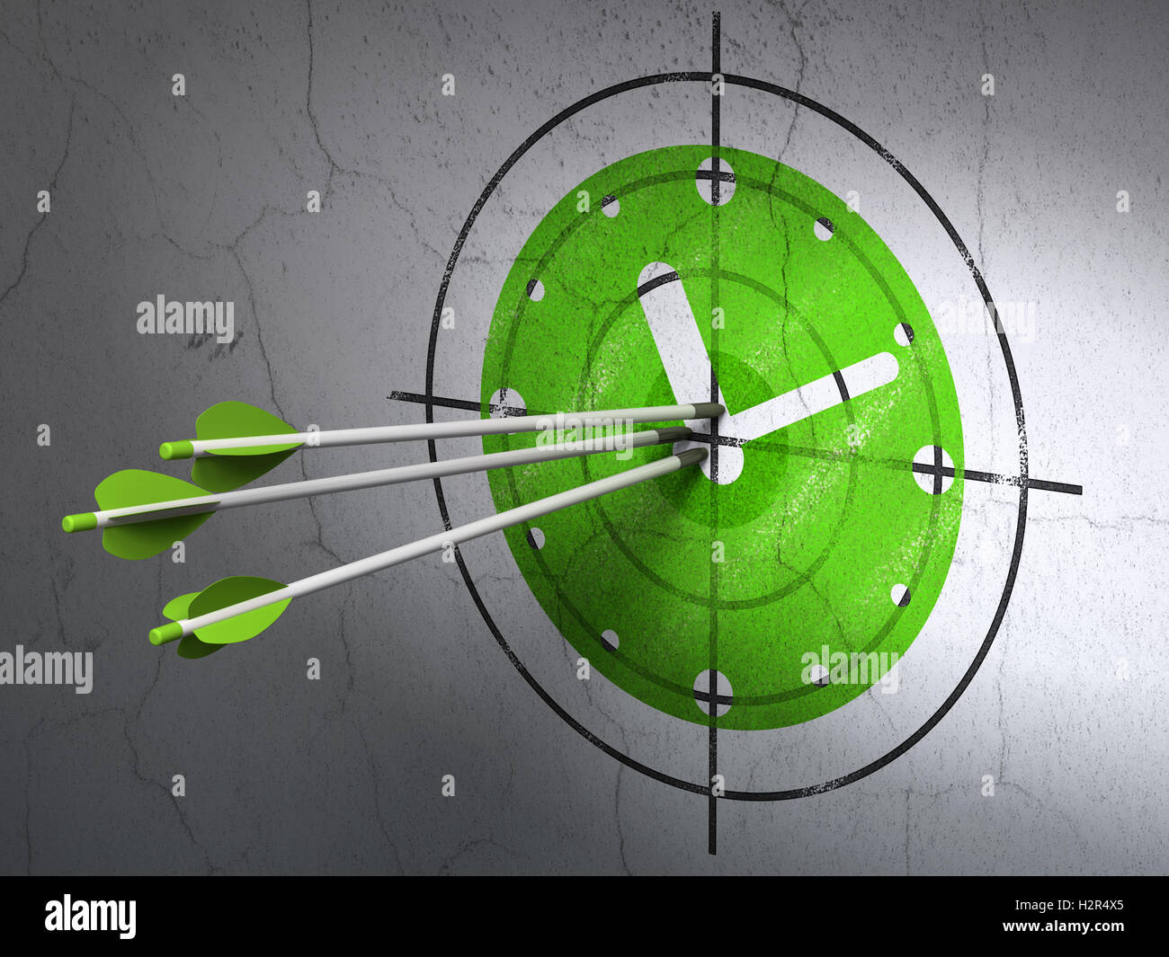 Time concept: arrows in Clock target on wall background Stock Photo - Alamy
