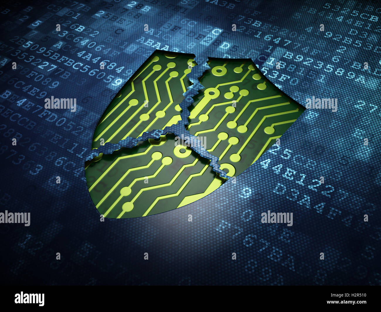 Security concept: Broken Shield on digital screen background Stock ...