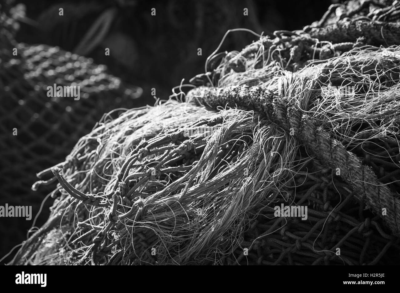 A black and White image of fishing nets and rope Stock Photo - Alamy