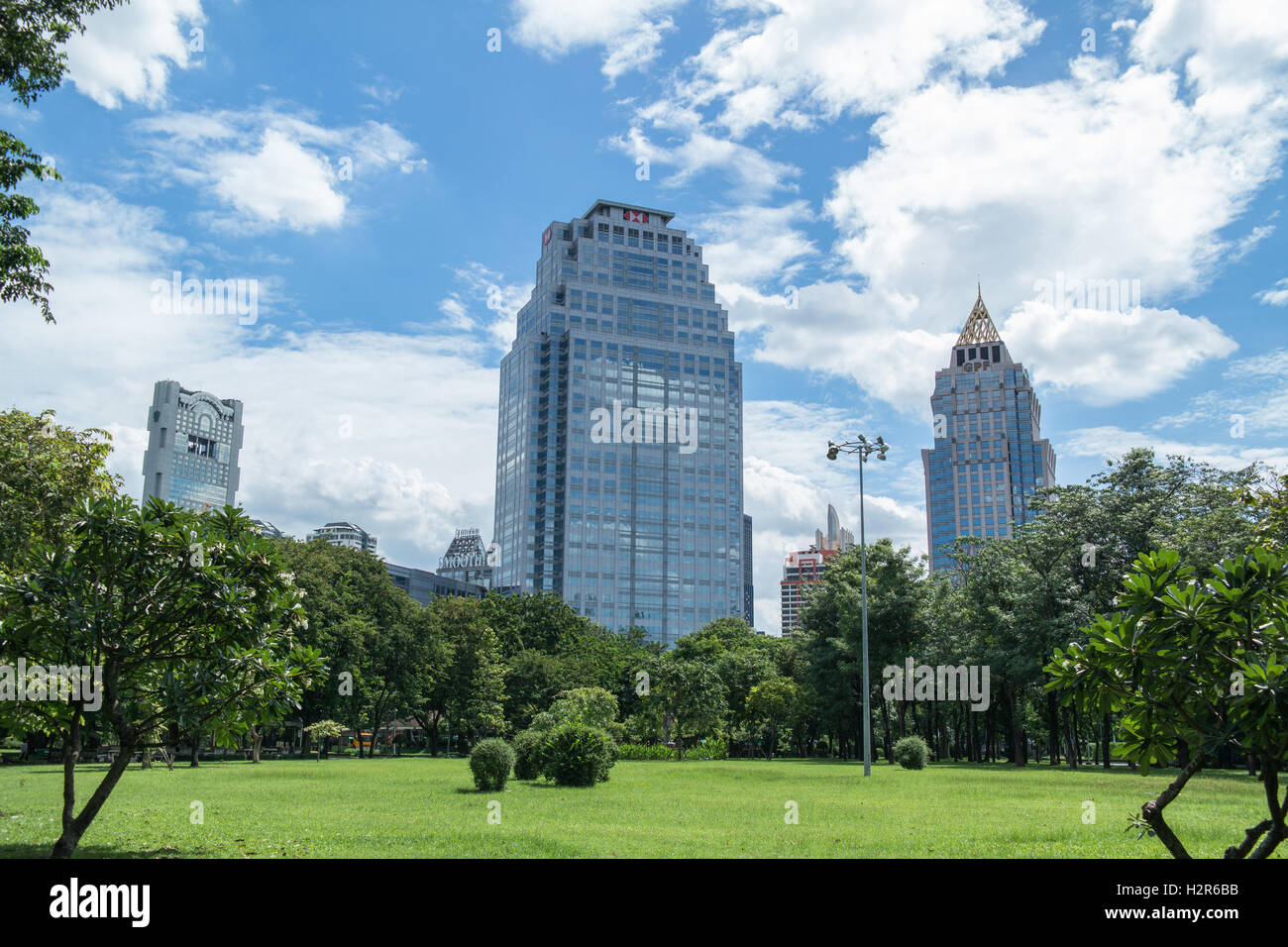 Lumpini park with Bangkok skyline in the background, Bangkok - Thailand ...