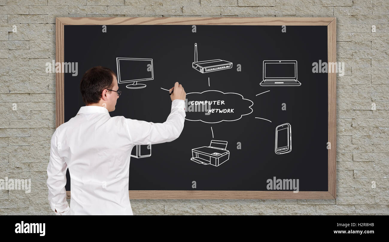 man drawing computer network Stock Photo - Alamy