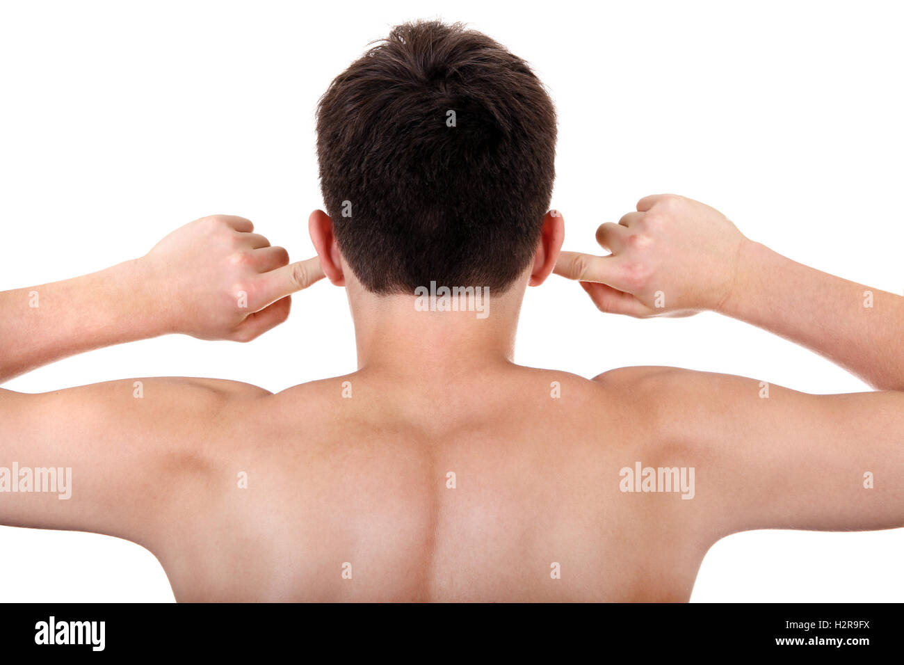 Young Man plug the Ears Stock Photo - Alamy