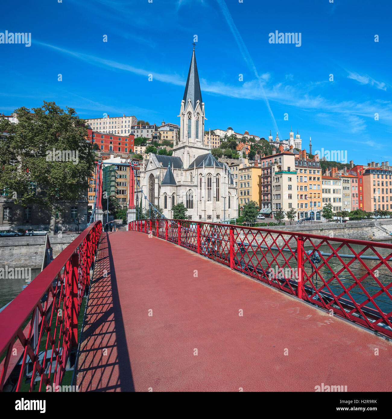 Lyon city with red footbridge Stock Photo - Alamy