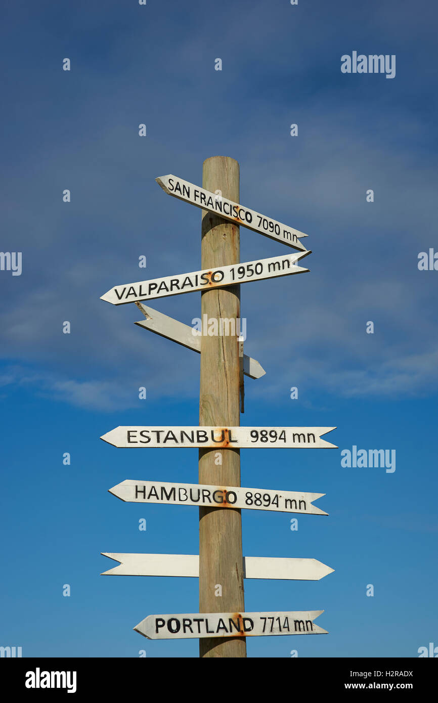 Sign post on the coast of Easter Island showing the distance to various ...