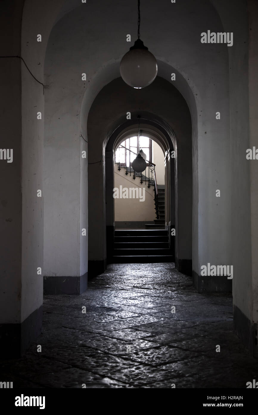 Old home doorway with stairs, shadow and white wall. architectur Stock ...