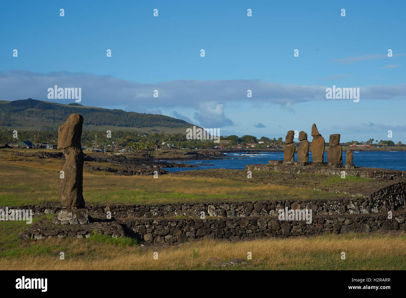 Ancient Moai statues on the coast of Rapa Nui Stock Photo - Alamy
