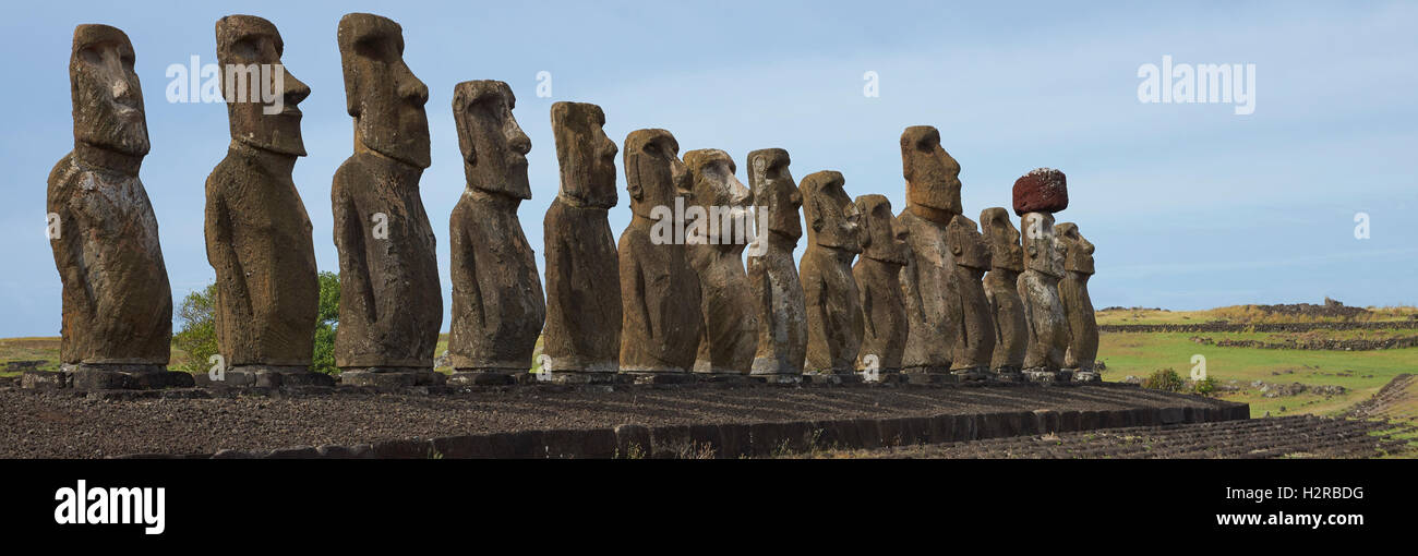 Ancient Moai statues on the coast of Rapa Nui (Easter Island Stock ...