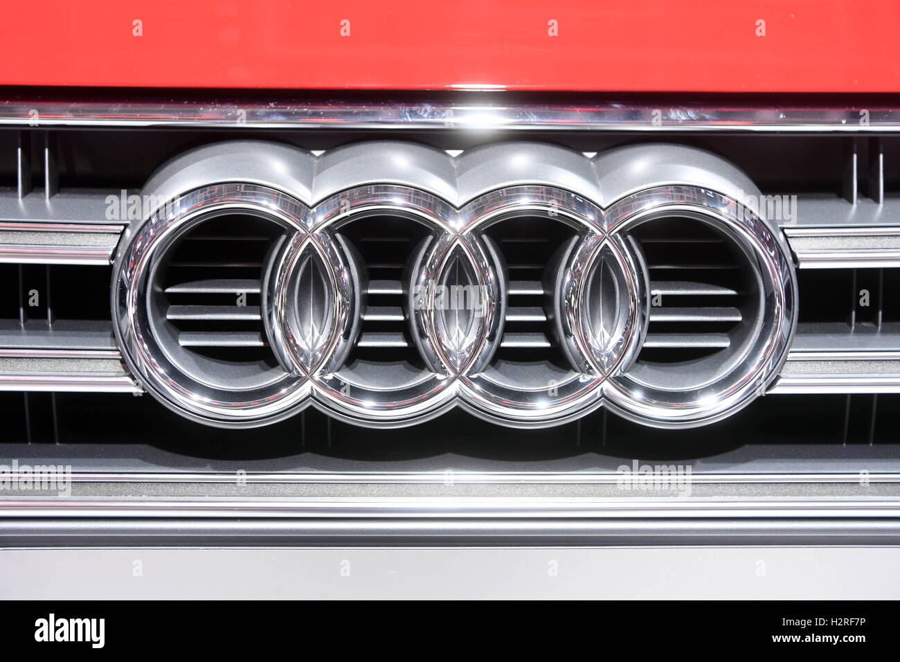 Paris, France. 30th Sep, 2016. An Audi logo seen at the Paris Motor ...