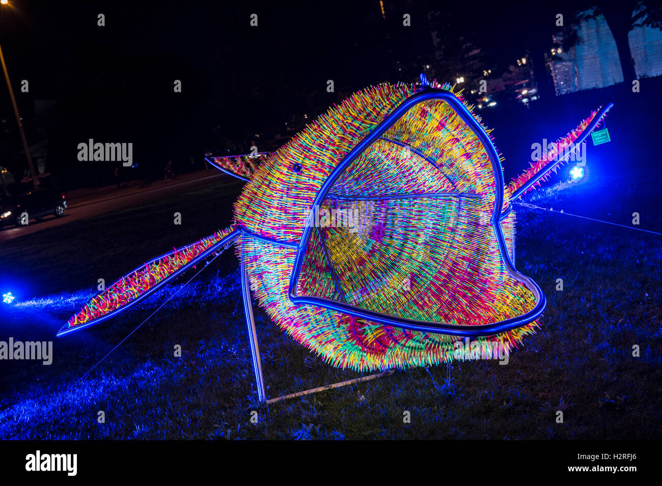 Berlin, Germany. 30th Sep, 2016. A fish lit up by lights stands on ...