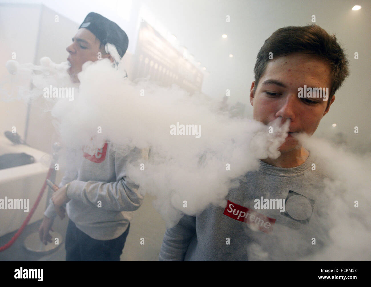 Kiev, Ukraine. 1st Oct, 2016. A visitor tries a vapor product of ...