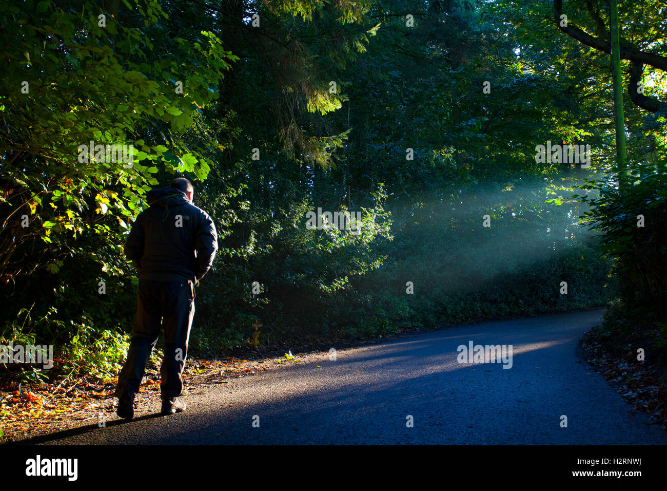 A walker braves the cold walking down a isolated lane in rural ...