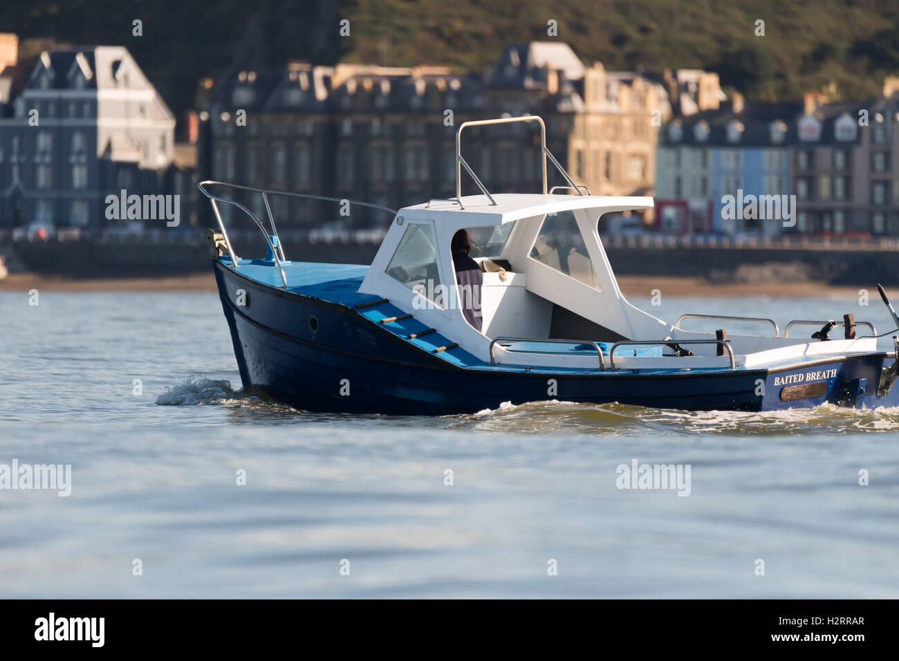 A man in his boat just off Aberystwyth Stock Photo - Alamy