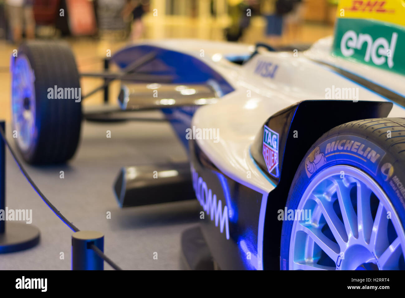 Side view of electric racing car exhibit for Formula E Grand Prix Race ...