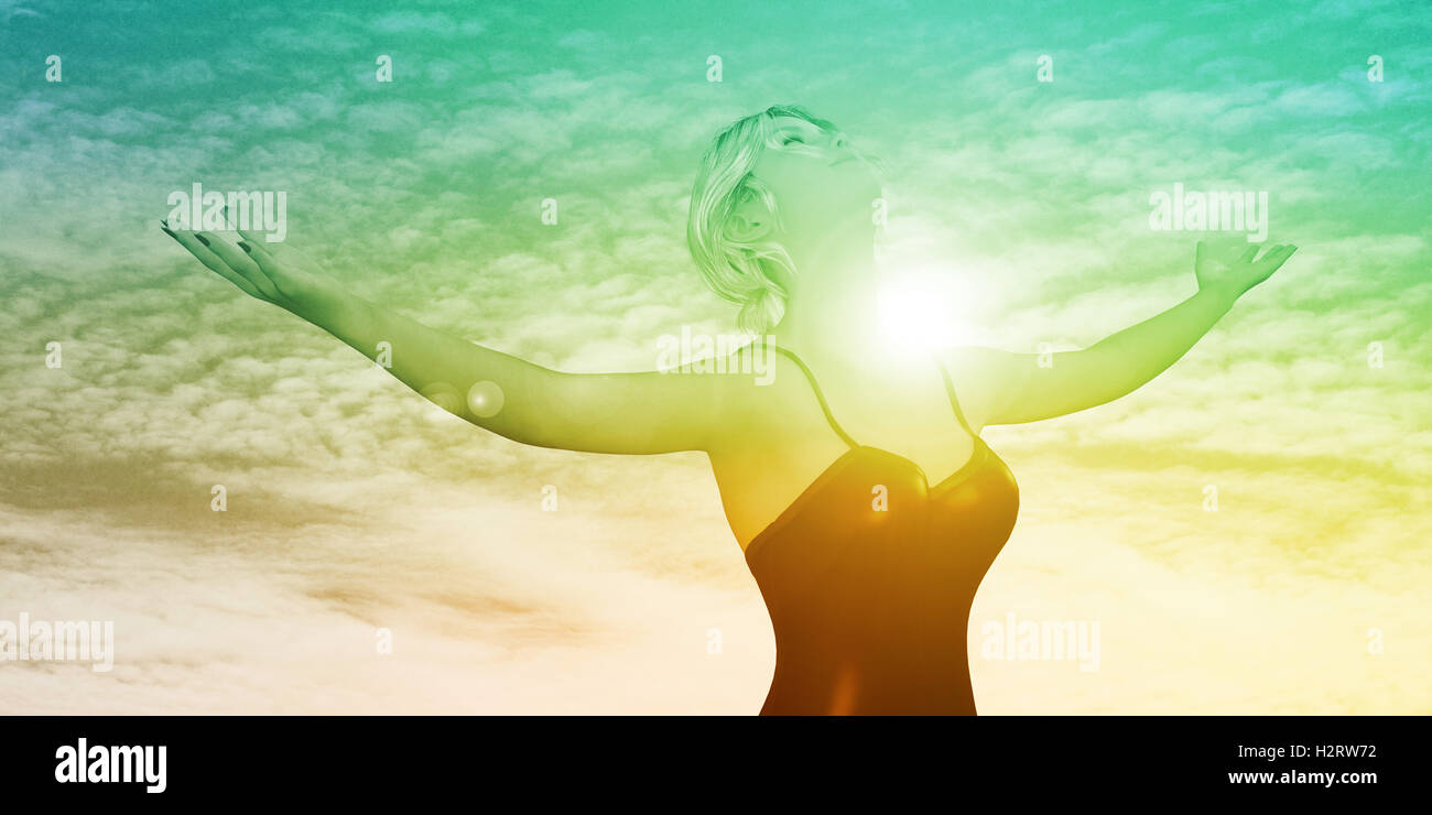 Enlightenment with Woman Holding Arms Out Happily Stock Photo - Alamy