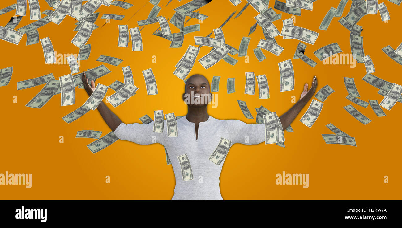 Black Man Catching Money Falling From the Sky in US Dollars Stock Photo ...