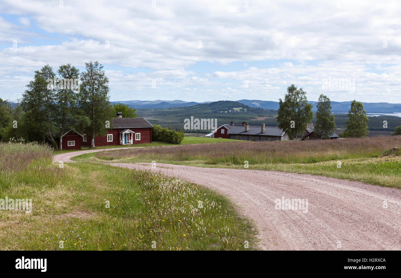 HARJEDALEN, SWEDEN ON JULY 07, 2016. View over buildings, gravel road ...