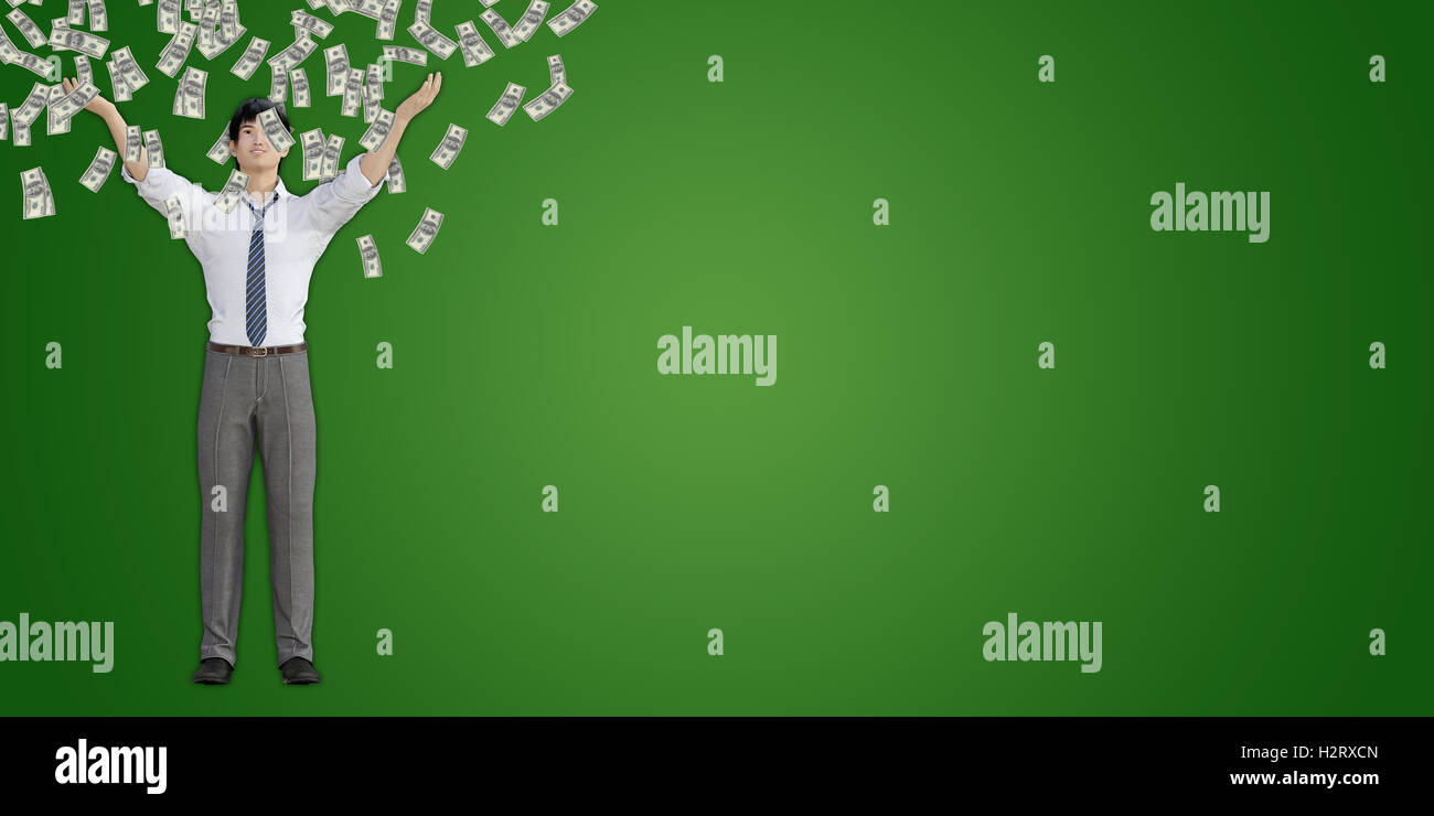 Asian Man Catching Money Falling From the Sky in US Dollars Stock Photo ...