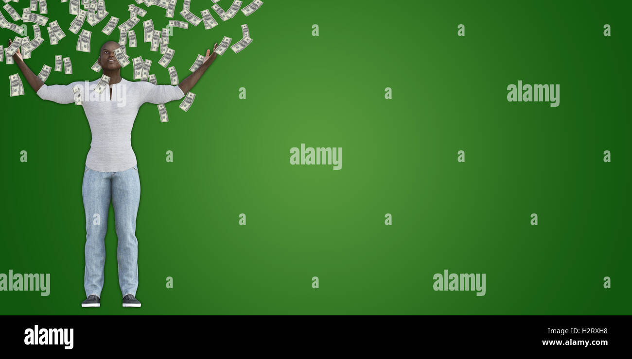 Black Man Catching Money Falling From the Sky in US Dollars Stock Photo ...