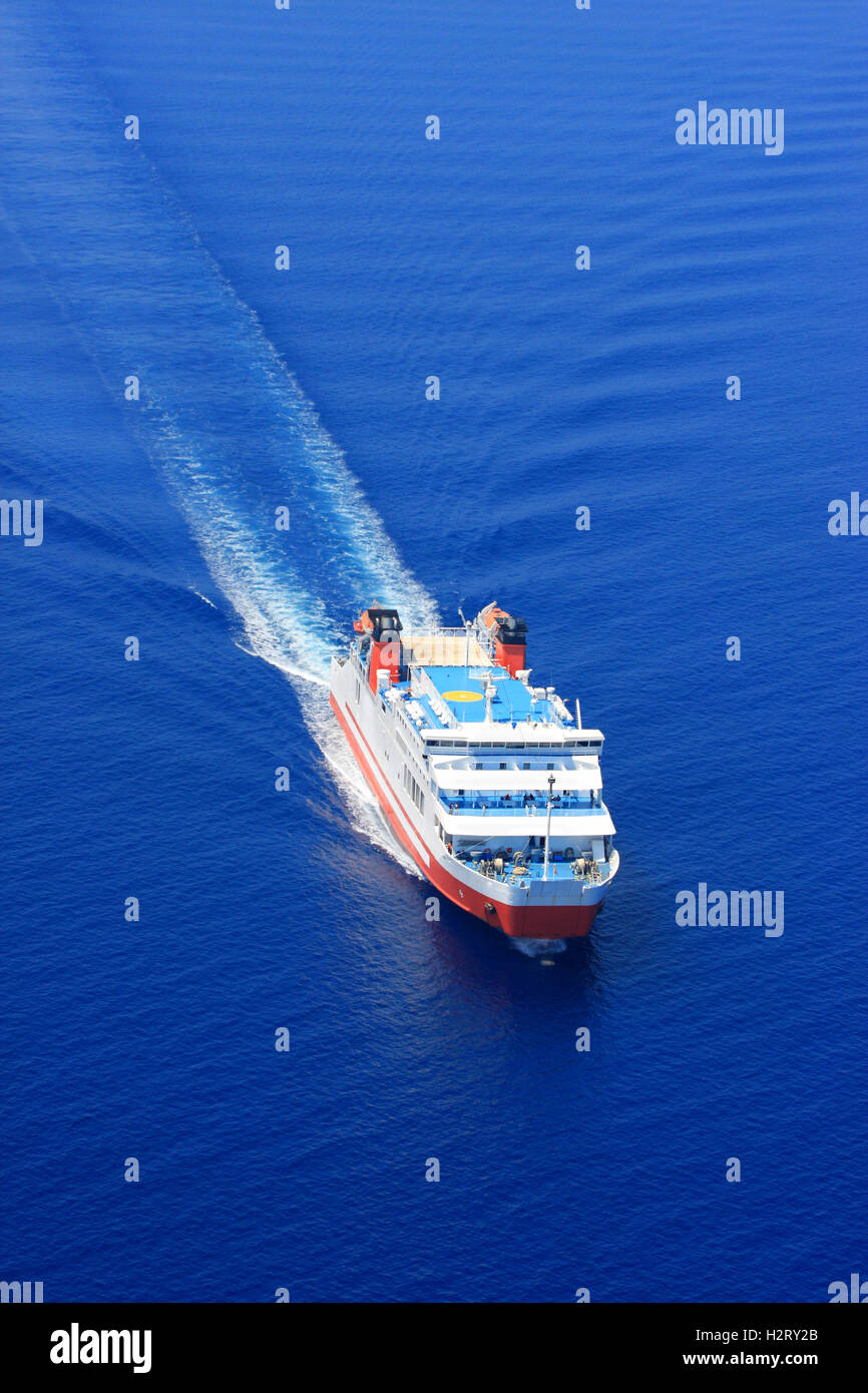 Aerial view of passenger ferry boat in open waters in Greece Stock ...