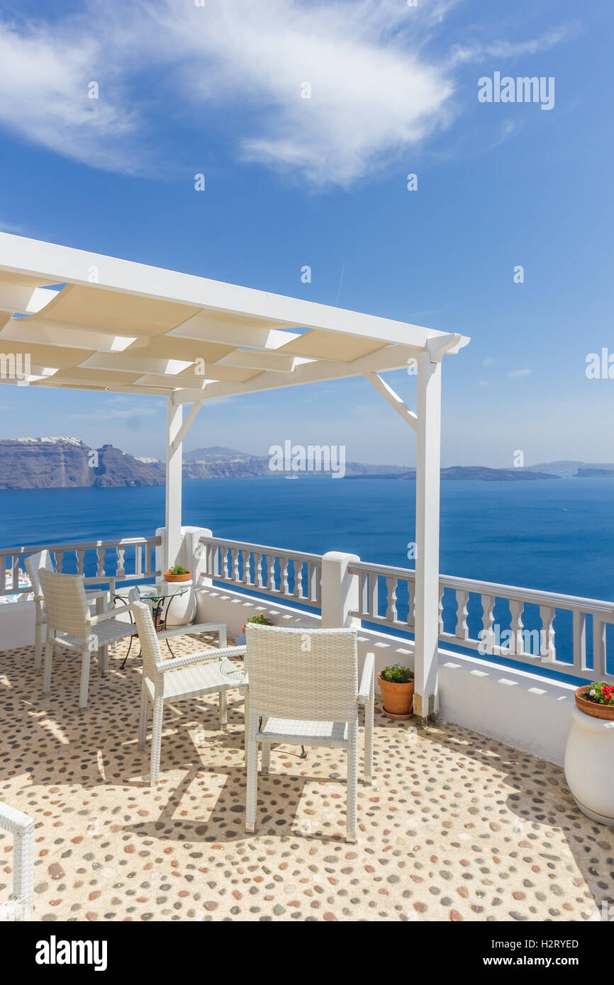 Santorini balconny with view at the Aegean sea Stock Photo - Alamy