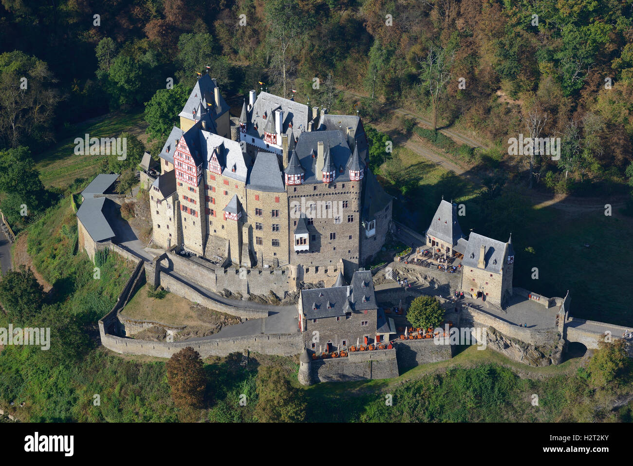 AERIAL VIEW. Medieval castle in a wooded environment. Elz Castle ...