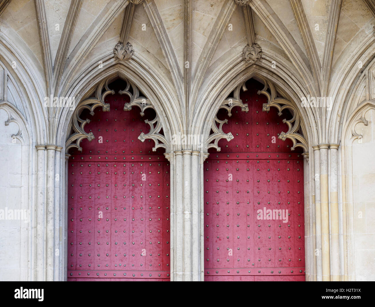 Medieval columns and vaulting - part of the porch and red west doors of ...