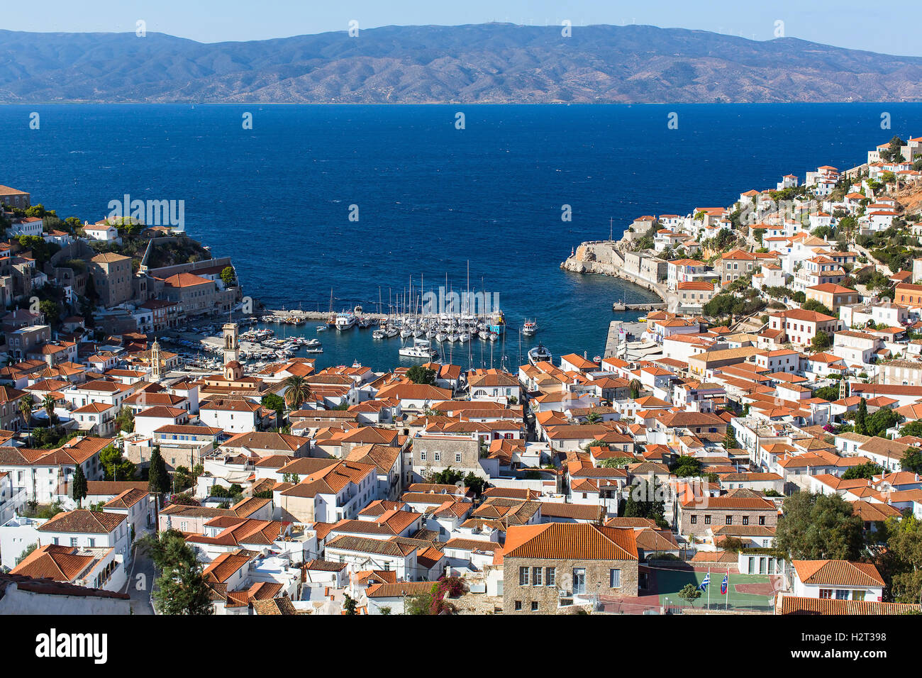 Hydra island, Greece - top view of city center and yaht marina Stock ...