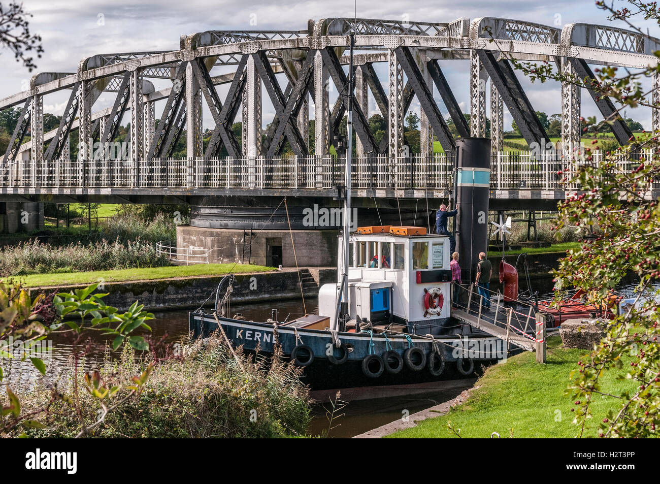 The steam tug Verne by the swing bridge at Acton Bridge in Cheshire ...
