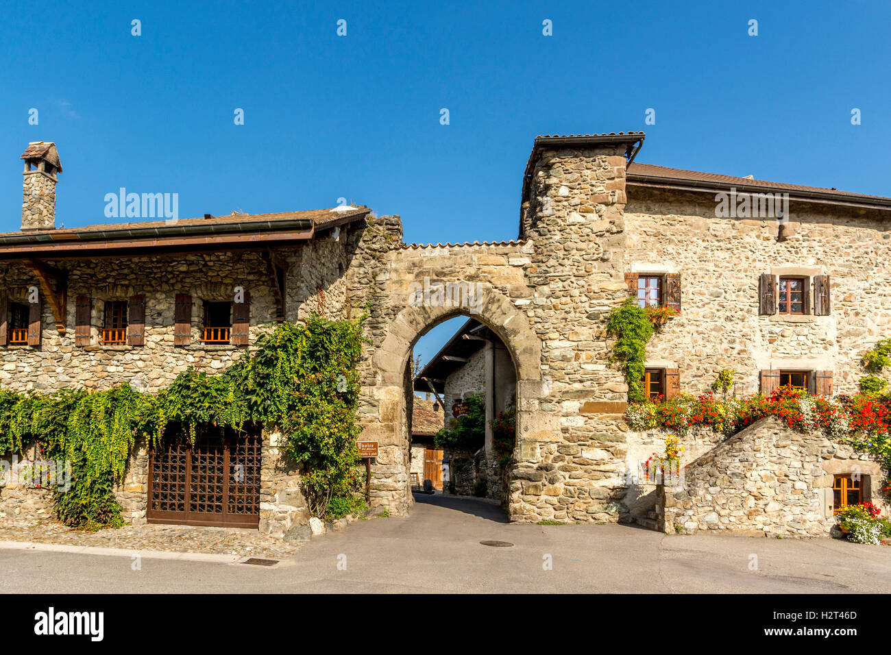 Old gateway in medieval wall, Yvoire, Rhone-Alpes, Haute-Savoie, France ...