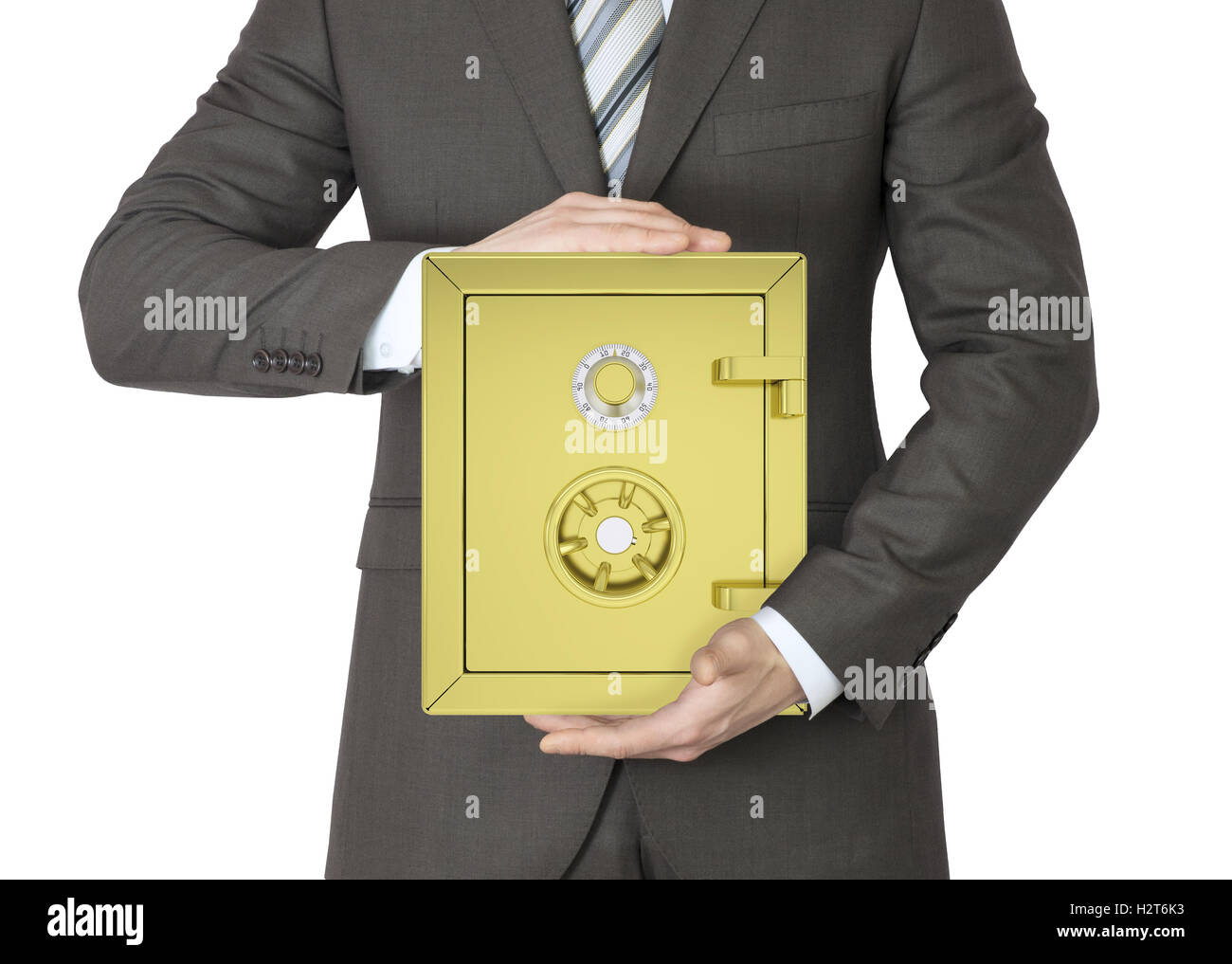 Man in a suit holding gold safe Stock Photo - Alamy