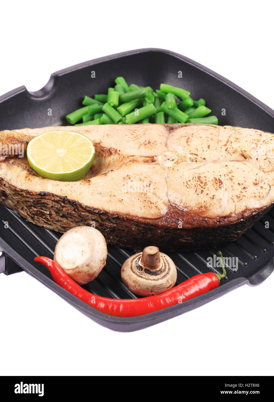 Grilled carp steak on pan Stock Photo - Alamy