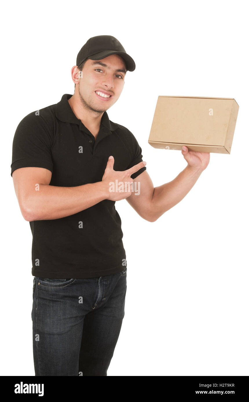 handsome brunette courier man holding packages Stock Photo - Alamy