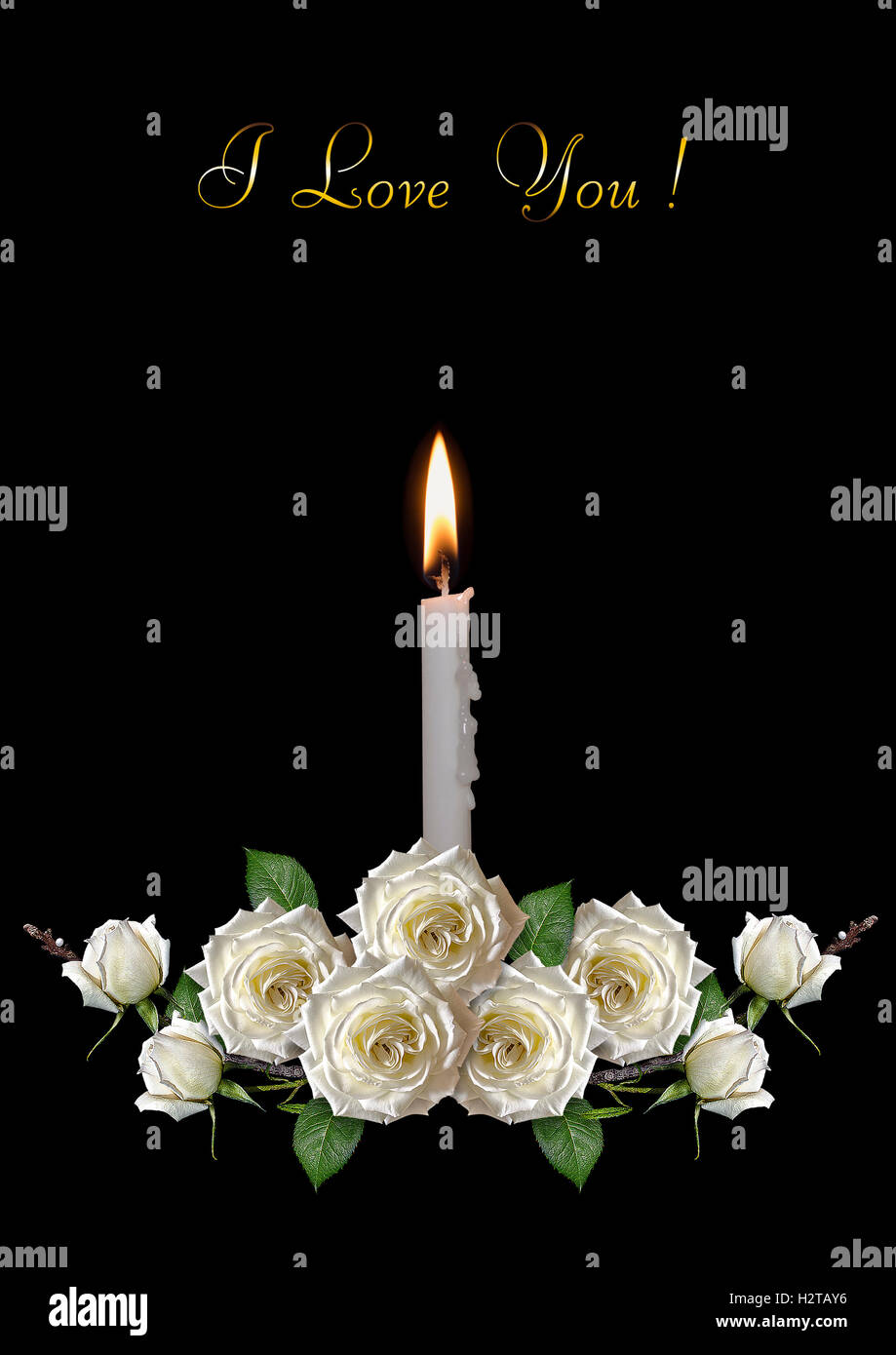 Burning candle and white roses Stock Photo - Alamy