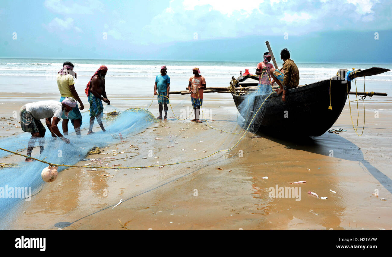 Group of Indian fishermen pulling the net on the beach of Mandarmani ...