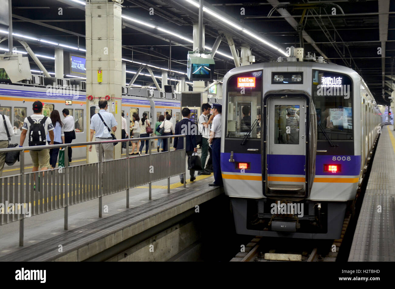 Railway stop at Namba station waiting passenger for go to Kansai ...