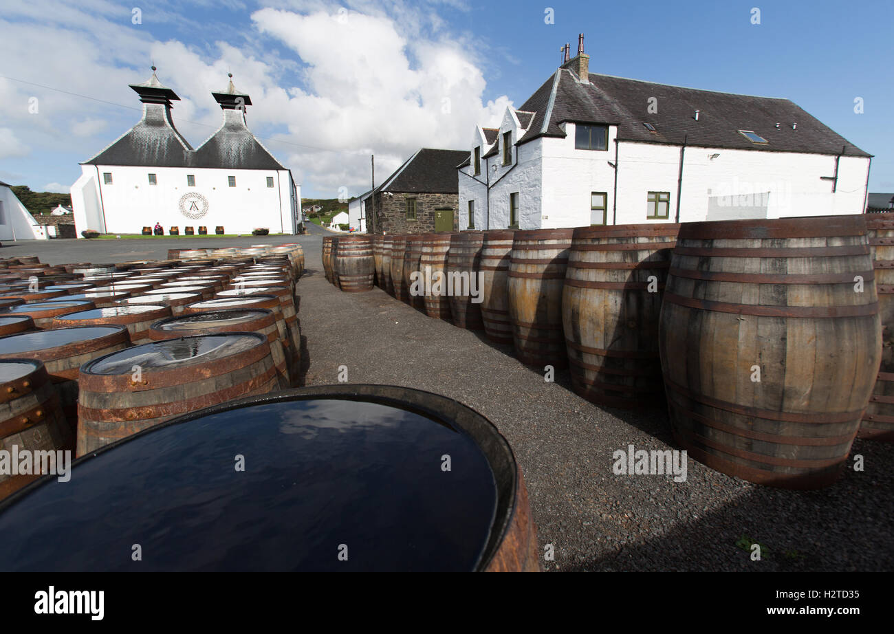 Isle of Islay, Scotland. Picturesque view of whisky barrels, with the ...